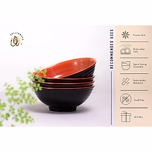 VALLENWOOD 6 Ramen Bowls, 18 pieces Pho set. Red Black Asian Japanese soup. Utensil: Spoons And Chopsticks kit. Melamine. Large 37 oz. Noodles, Rice, Udon, Thai, Chinese, Korean, Wonton, Miso