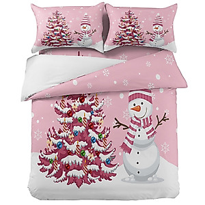 Christmas Winter Snowman Snow Duvet Cover Sets 4 Piece Twin Ultra Soft Bed Quilt Cover Set for Kids/Teens/Women/Men,Xmas Tree Snowflakes on Pink Bedding Collection All Season Use