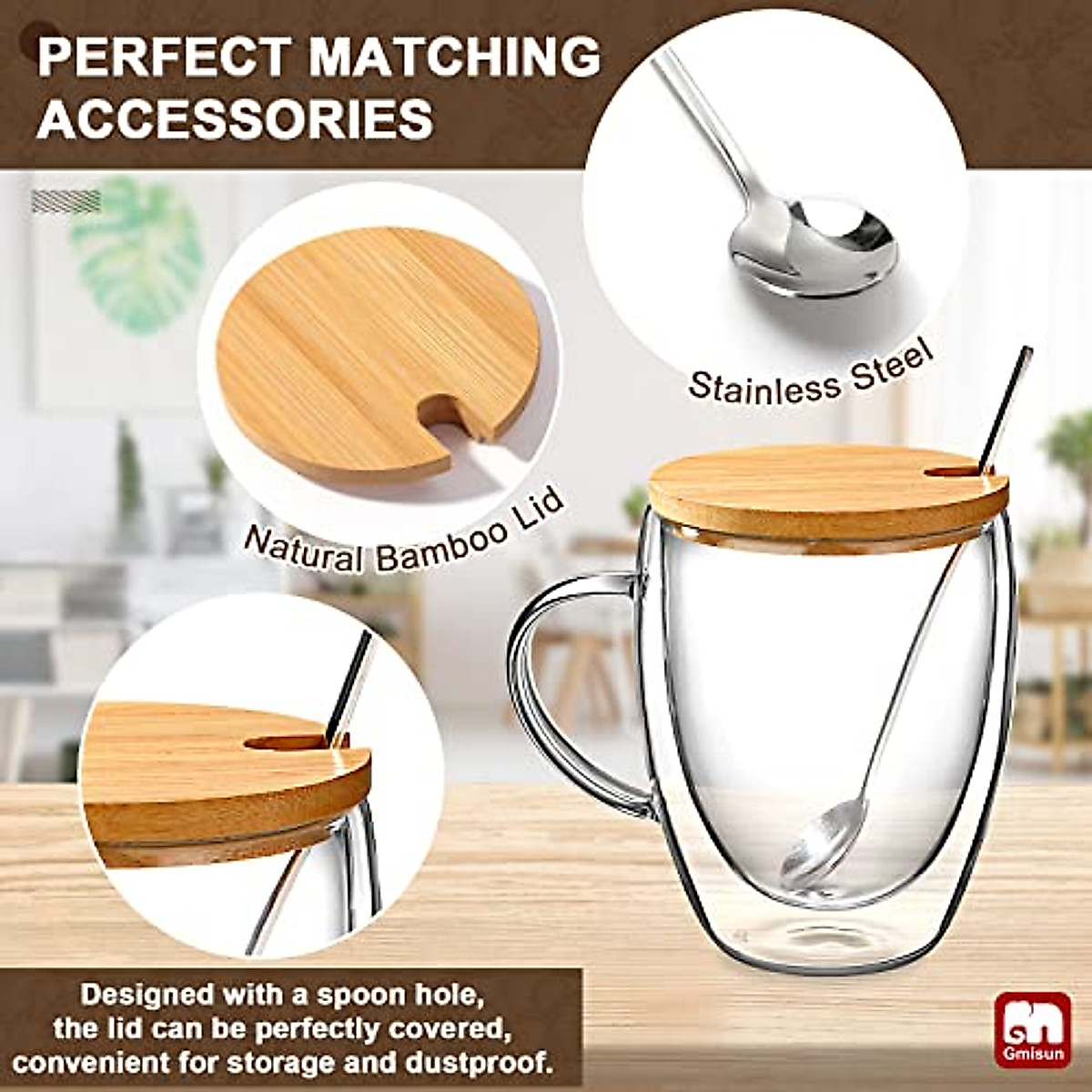 GMISUN Glass Coffee Cups, 2 Pack Double Wall Glass Coffee Mugs with Bamboo Lids, 12 Oz Clear Coffee Mug with Handle, for Ice Coffee/Tea/Hot Beverages/Cappuccino/Latte, Extra Spoons, Coaster