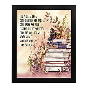 "Life Is Like A Book-Some Chapters Sad, Some Happy" Inspirational Wall Art -8 x 10" Floral Print w/Stacked Books Image-Ready to Frame. Home-Office-School-Library-Study Decor. Great Gift for Readers!