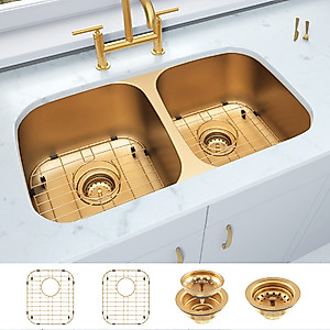 LQS Undermount Kitchen Sink 32” x 18”, Stainless Steel Kitchen Sink, Deep Kitchen Sink, 50/50 Double Bowl Stainless Steel Kitchen Sink with Accessories, Gold Kitchen Sink