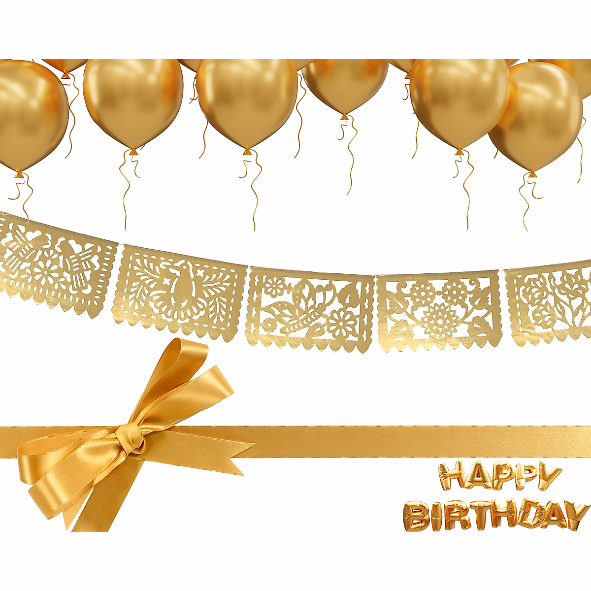 Gold Papel Picado Banner - Matte Gold Papel PicadoTissue Paper Banner for fiestas, weddings, bridal shower, engagement, baby shower, birthdays 2 pack/12ft long each)/ Not plastic