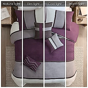 Madison Park Palisades Comforter Set Modern Faux Suede Pieced Stripe Design, All Season Down Alternative Cozy Bedding with Matching Shams, Decorative Pillows, Queen(90"x90"), Purple 7 Piece