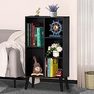YAHARBO Small Black Narrow Bookshelf,3 Tier Modern Bookcase with Legs,Bookshelves Wood Storage Shelf,Rustic Book Shelves Cube Organizer,Display Bookcase