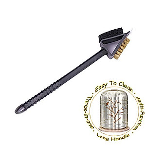 Bonaweite Stainless Steel Triangle Bird Cleaning Brush, Multi-Function Three-in-one Long Handle Brush, Pet Supply Cage Accessory for Parrot Birds …