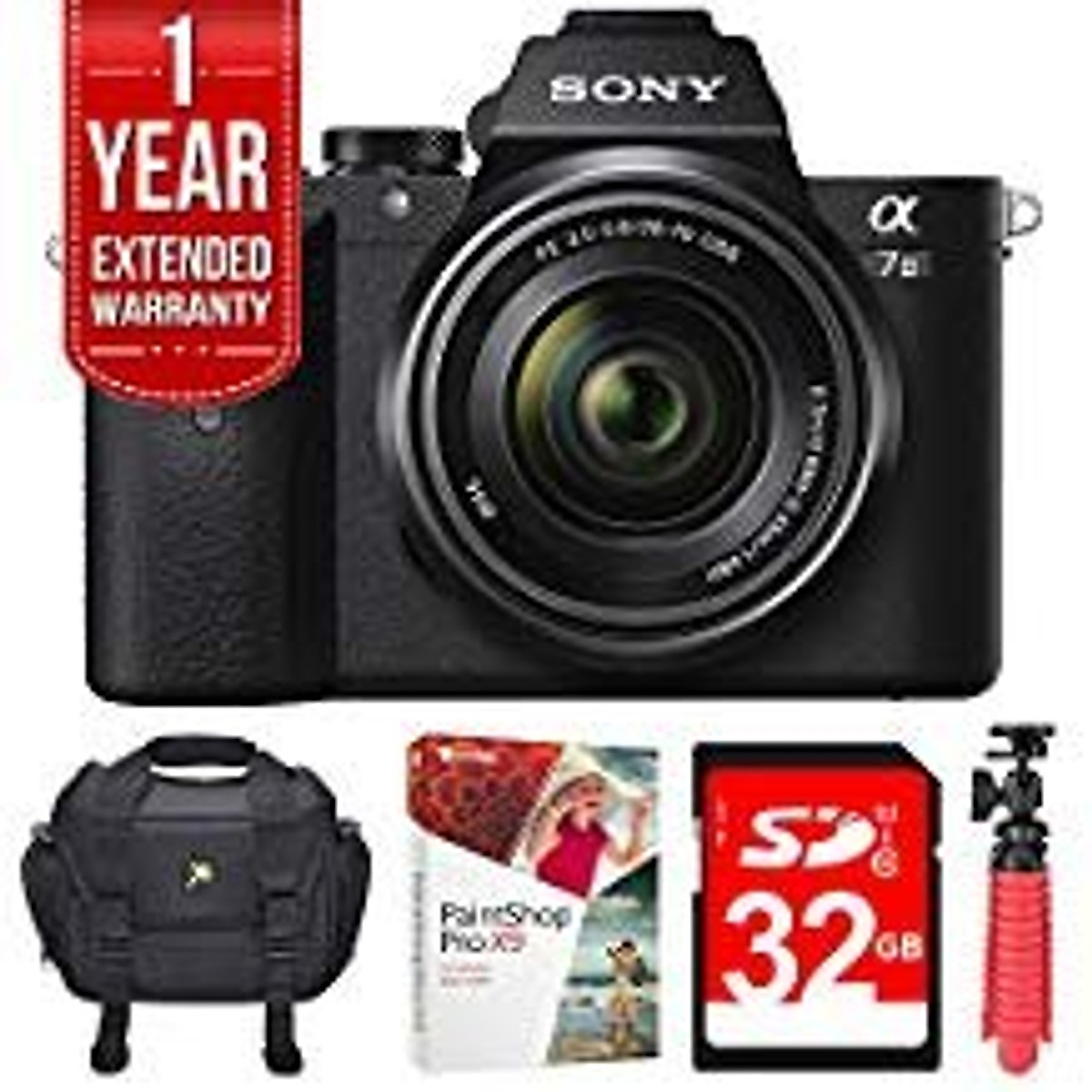 Sony ILCE7M2K/B Alpha 7II Mirrorless Interchangeable Lens Camera with 28-70mm OSS Lens Bundle with 1 YR CPS Protection Pack, 32GB Card, Paint Shop Pro, Camera Bag and Accessories (9 Items)