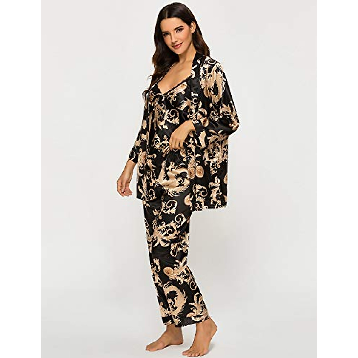 Escalier Women's Silk Satin Pajamas Set 3 Pcs Floral Silky Pj Sets Sleepwear Cami Nightwear with Robe and Pants Black M