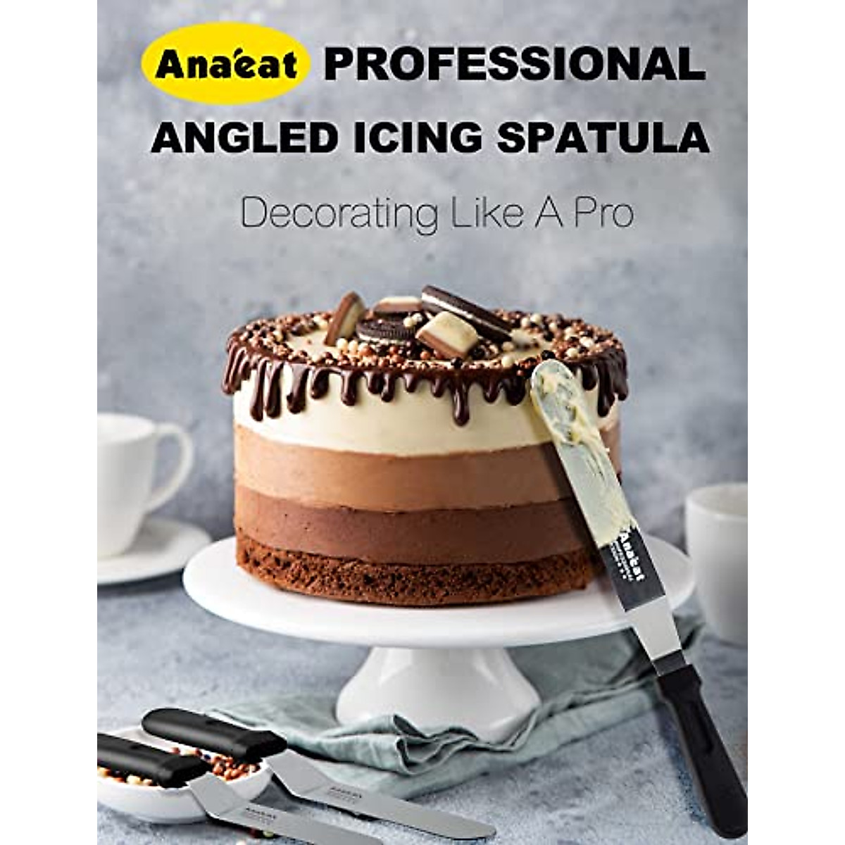 Anaeat Icing Spatulas, Set of 3 Professional Cake Angled Offset Spatula with 6", 8", 10" Stainless Steel Blades - Thickened Frosting Knife with Plastic Handle for Cake Decorating, Pastry & Baking