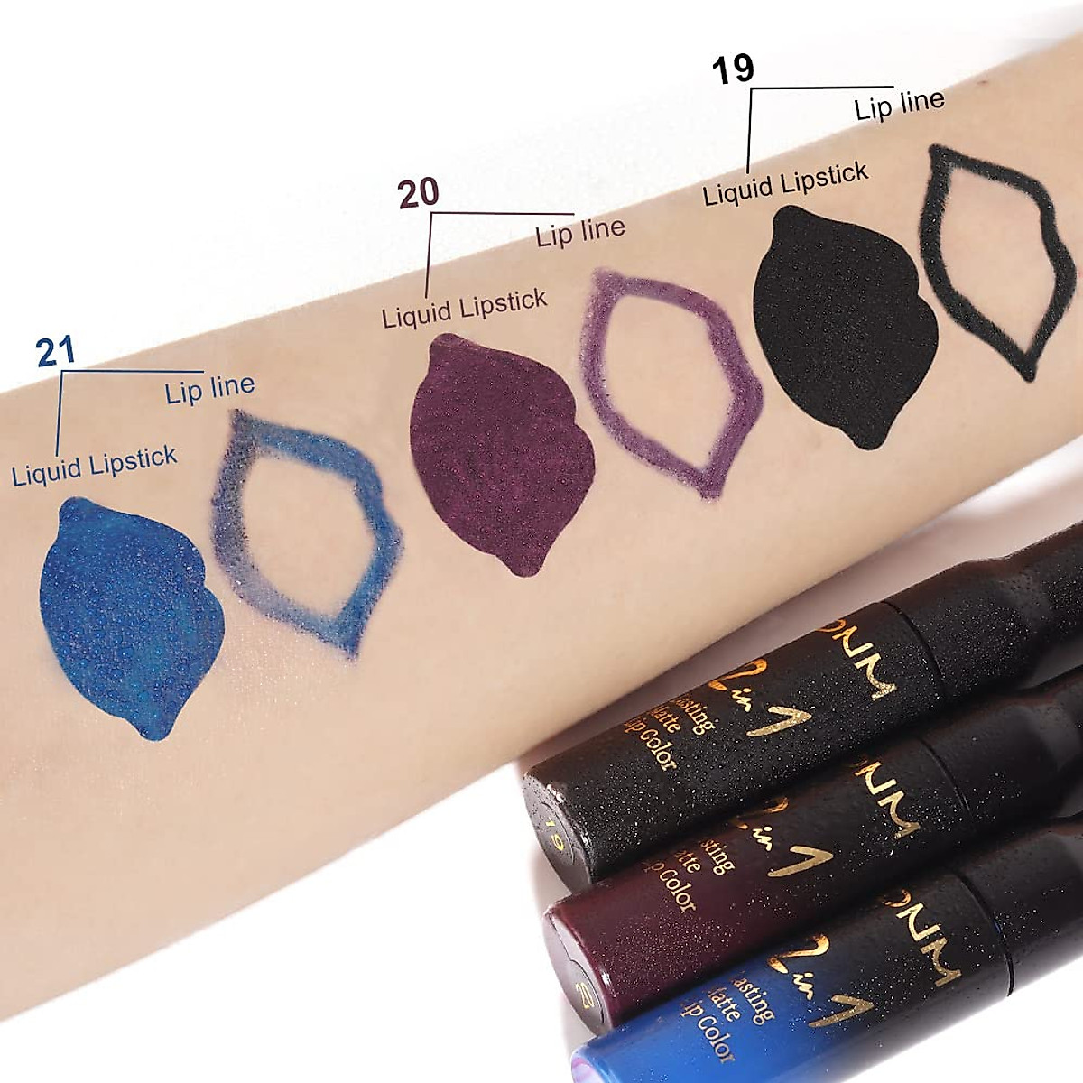 evpct 3Pcs Dark Blue Black Purple Matte Lip Liner and Liquid Lipstick Lip Gloss Stain Makeup Set Smudge Proof 24 Hours Original Long Lasting Matte Lipstick Waterproof labial mate larga duracion 24