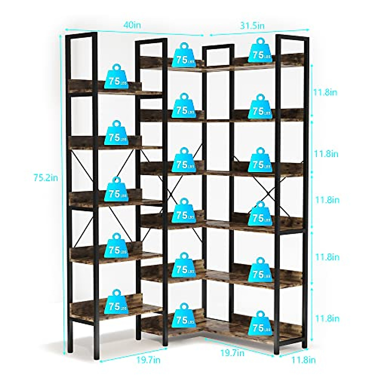 PAKASEPT 6-Shelf Corner Bookshelf, Triple Wide 6-Tier Bookcase, Large Modern Corner Shelf with Metal Frame, Open Bookshelves for Living Room Home Office, Rustic Brown