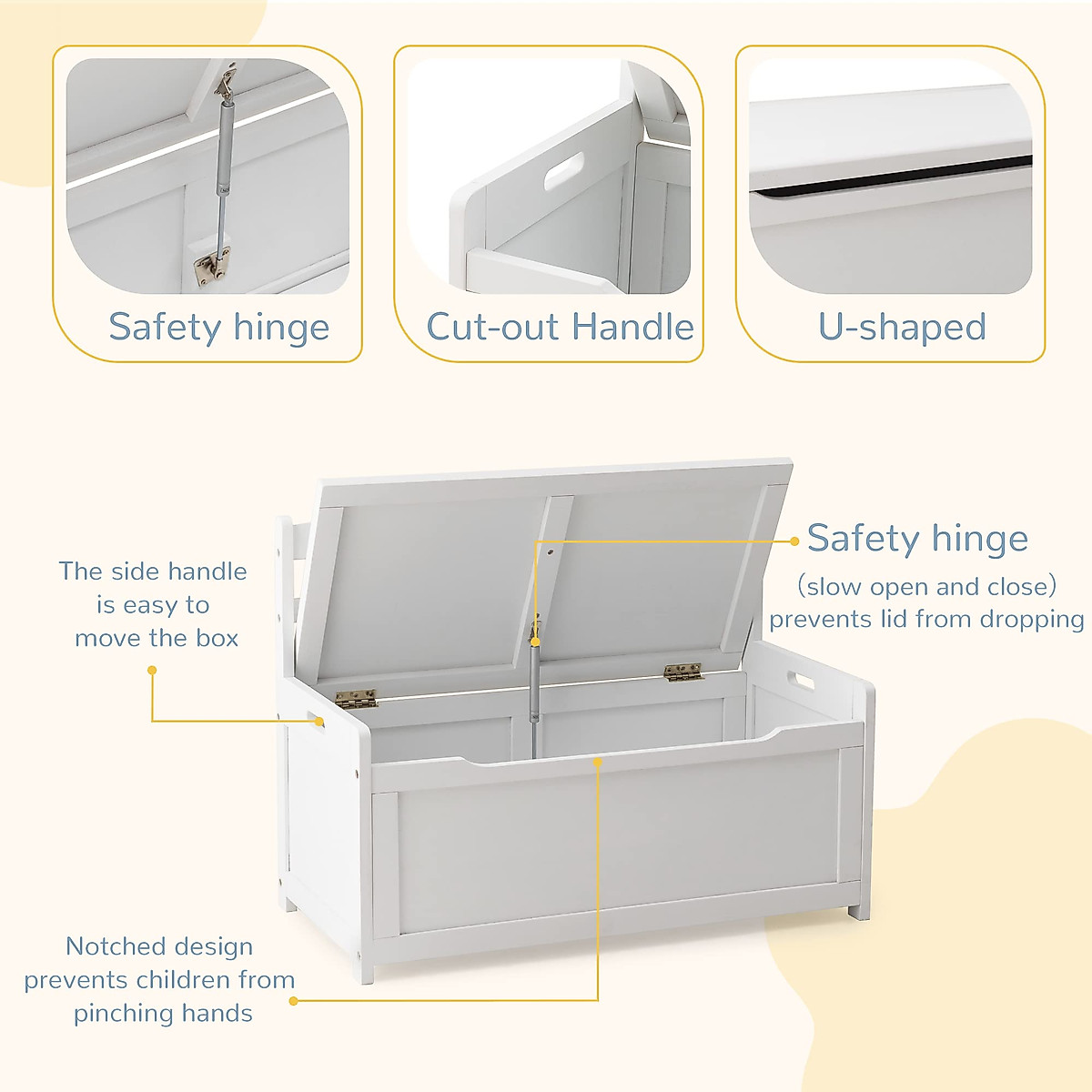 Curipeer Kids Toy Box Chest, White Rubber Wood Toy Box for Boys Girls, Large Storage Cabinet with Cushion Seat Bench/Flip-Top Lid/Safety Hinge, Toy Storage Organizer Trunk for Nursery, Playroom