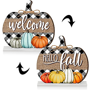 Geetery Thanksgiving Hello Fall Pumpkin Sign Decorations 12 Inch Double Printing Wooden Autumn Buffalo Plaid Welcome Tabletop Decor Farmhouse Thanksgiving Decorations for Harvest Living Room