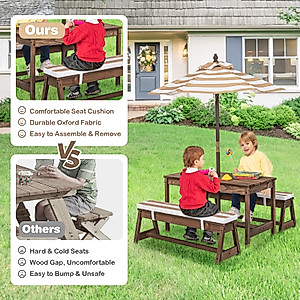 HONEY JOY Kids Picnic Table, Outdoor Wooden Table & Bench Set w/Removable Cushions and Umbrella, Stripe Fabric, Children Backyard Furniture for Patio Garden, Gift for Toddler Boys Girls Age 3+(Coffee)