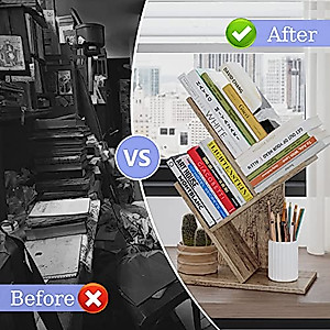 R RUISHENG Wood Tree Bookshelf, 3 Shelves Display Bookcase for Books/Magazines/CDs, Desk Standing Book Shelves Organizer for Office, Bedroom, Living Room