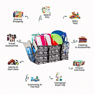 Lucazzi Extra Large Utility Tote Bag - Oversized Collapsible Reusable Wire Frame Rectangular Canvas Basket With Two Exterior Pockets For Beach, Pool, Laundry, Car Trunk, Storage - Gray Elephant