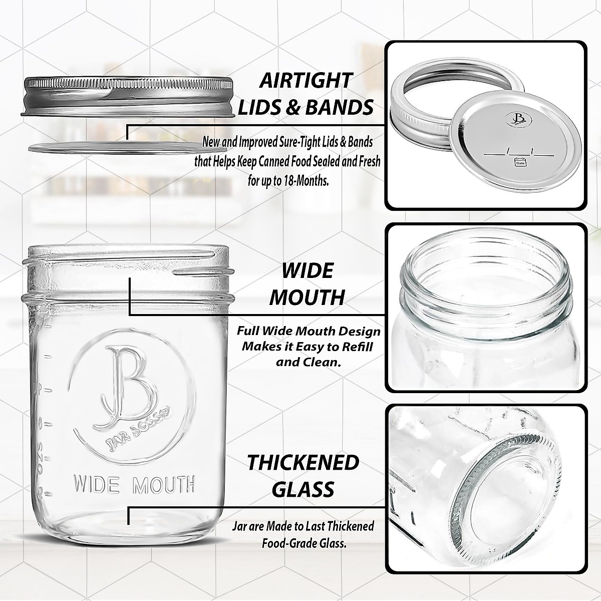 Wide Mouth Mason Jars 16 oz - (4 Pack) - Clear Glass Pint Mason Jars With Airtight Lids and Bands. For Storage, Canning, Fermenting, Meal Prep, Overnight Oats, Freezing, Microwave & Dishwasher Safe
