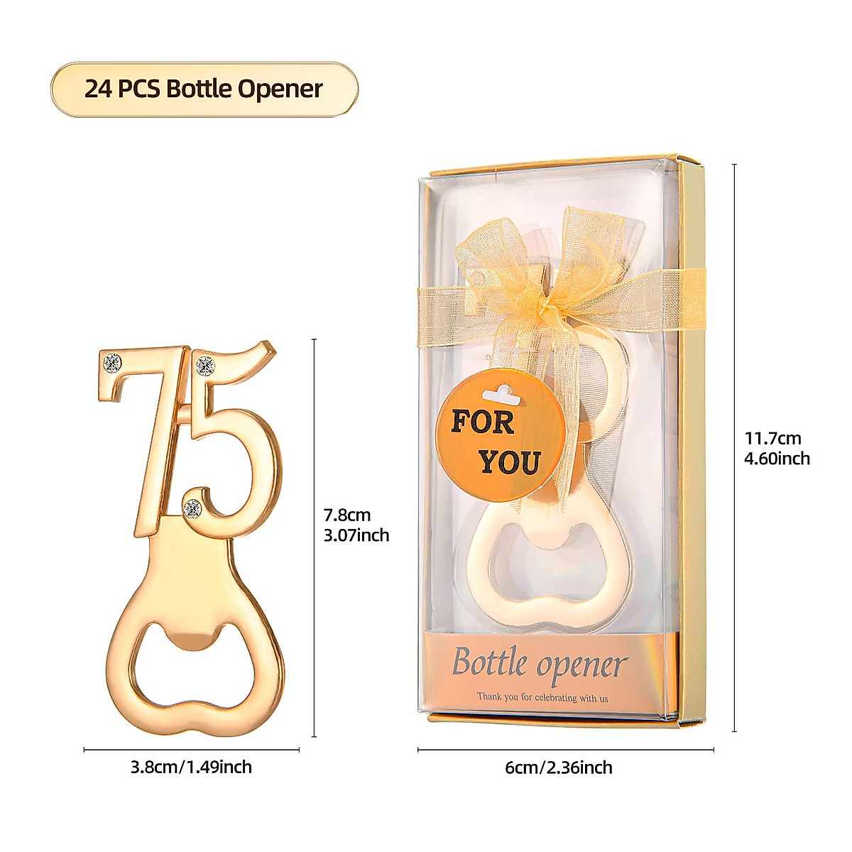 24Pcs Golden 75 Bottle Openers for 75th Birthday Party Favors Rhinestones Decorations for Wedding Anniversary Gifst Souvenrs or Keepsaks for Guests