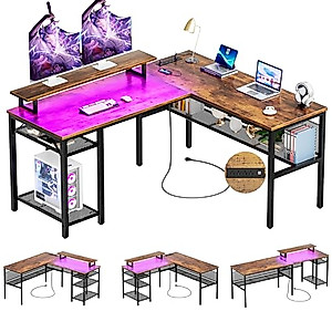 Unikito L Shaped Desk with Magic Power Outlets and Smart Strip Light, Reversible 55 Inch Corner Computer Desk with Monitor Stand, Unique Grid Design, Office Table with Storage Shelves, Rustic Brown