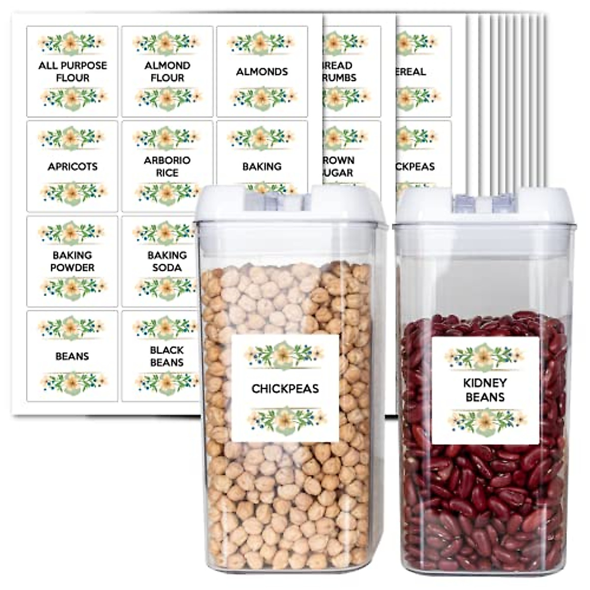 144 Pantry Labels for Food Storage Containers, Waterproof Printed on White Glossy Labels, Household Stickers + Numbers, Floral Kitchen, Water Resistant, Organization for Jars and Canister