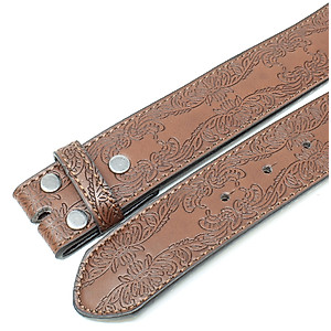 BC Belts Leather Belt Strap with Tooled Western Floral Leaf Embossed Pattern 1.5" Wide with Snaps (Brown-M)