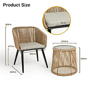 EAST OAK Patio Furniture Set 3-Piece, Outdoor Conversation Set Handwoven Rattan Wicker Chairs with Waterproof Cushions, Tempered Glass Top Coffee Table, Porch Bistro Sets for Backyard, Garden and Deck