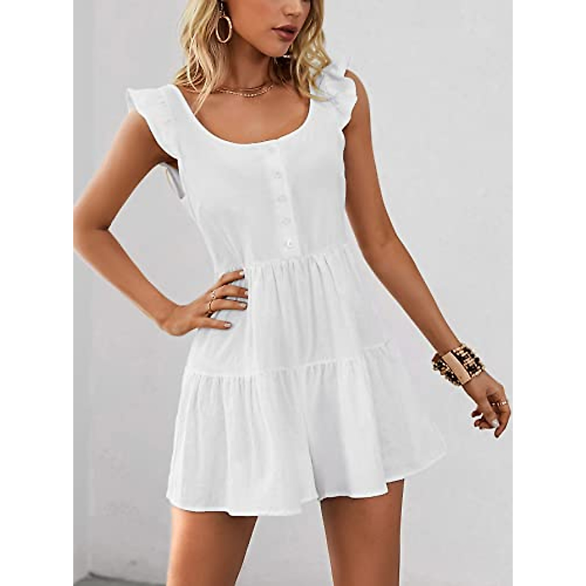 Umenlele Women's Summer Tiered Ruffle Hem Cap Sleeve Short Jumpsuit Romper White Medium
