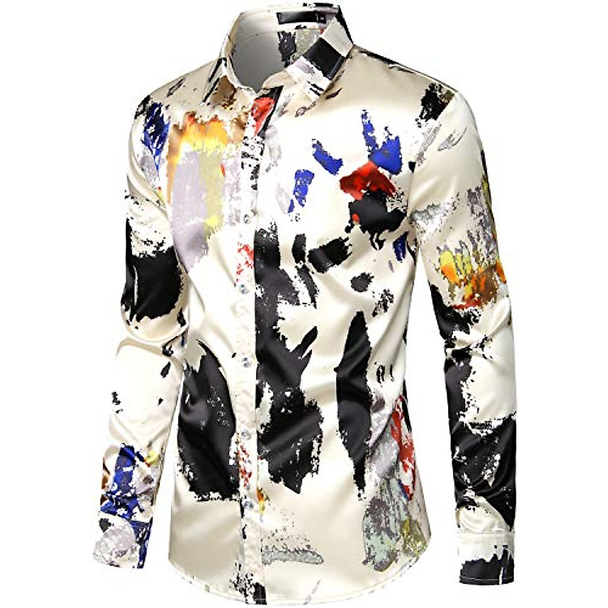 ZEROYAA Men's Hipster Splash Ink Design Silk Like Satin Button Down Dress Shirt for Party Prom ZLCL12-Beige Small