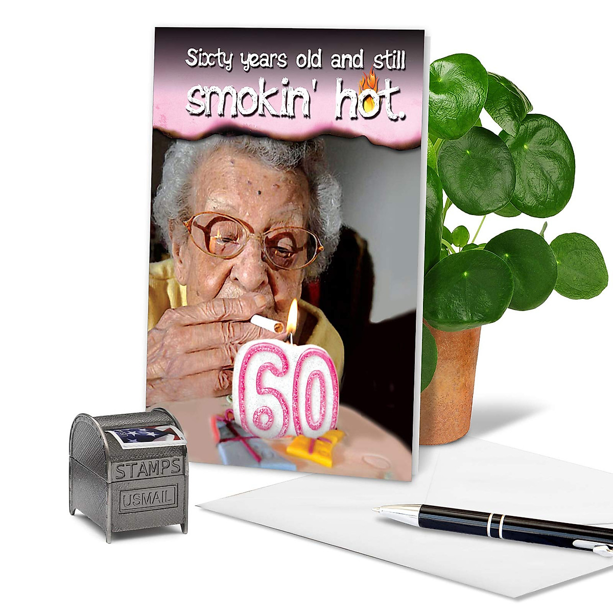 NobleWorks - Funny 60th Birthday Greeting Card - Women Grandma Humor Milestone, 60 Years Happy Bday Notecard with Envelope (1 Card) - Old and Hot 60 8012