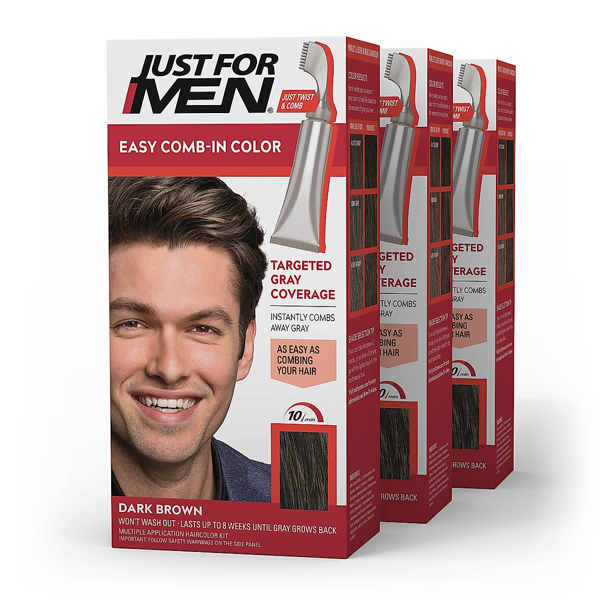 Just For Men Easy Comb-In Color Mens Hair Dye, Easy No Mix Application with Comb Applicator - Dark Brown, A-45, Pack of 3
