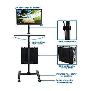 Mount-It! Rolling Computer Cart, Mobile Workstation with Tray Monitor Mount and CPU Holder, Height Adjustable and Mobile Stand for Office and Industrial Use