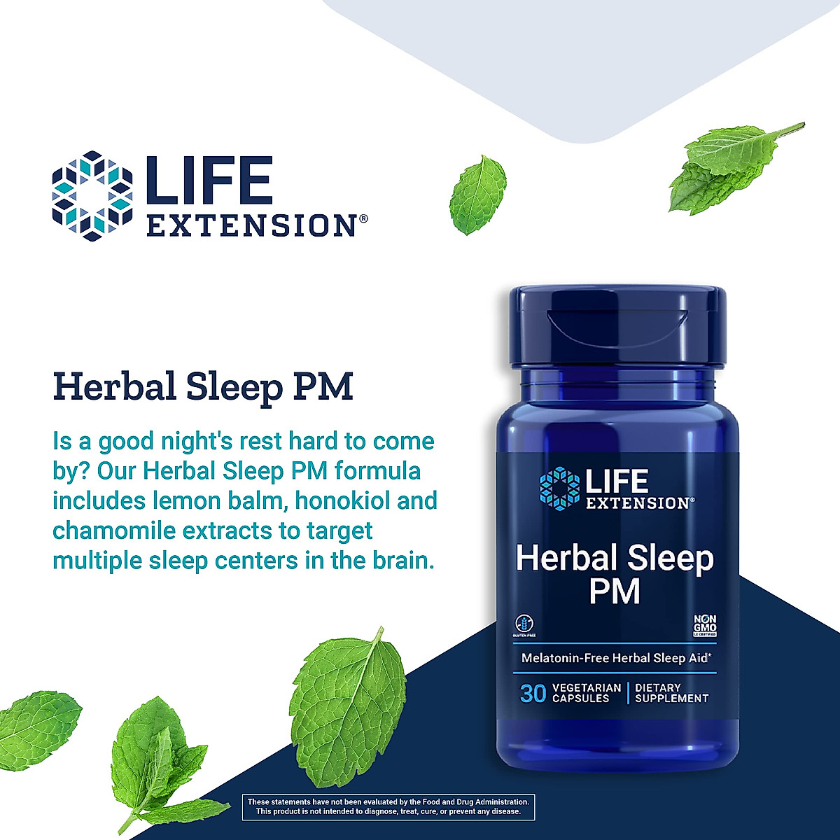 Life Extension Herbal Sleep PM – Natural Sleep Supplement without Melatonin - with Lemon Balm, Honokiol & Chamomile Extracts for Healthy Sleep - Non-GMO, Gluten-Free - 30 Vegetarian Capsules