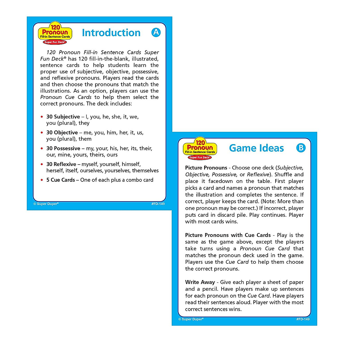 Super Duper Publications | 120 Pronoun Fill-in Sentence Fun Deck Flash Cards | Educational Learning Resource for Children