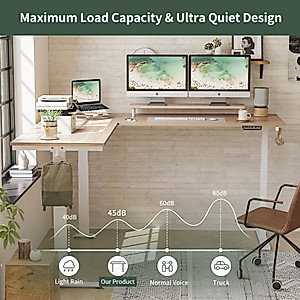 FEZIBO 75 Inches Triple Motor L Shaped Standing Desk Reversible, Electric Height Adjustable Corner Stand up Desk, Sit Stand Desk Computer Workstation, White Frame/Light Walnut Top