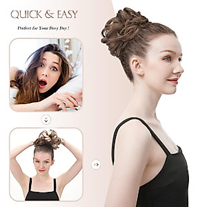 FESHFEN Messy Bun Hair Piece - Elastic Wavy Curly Hair Bun Scrunchies Extensions Synthetic Chignon Hairpieces for Women Girls, Gray and White Tips 1 PCS
