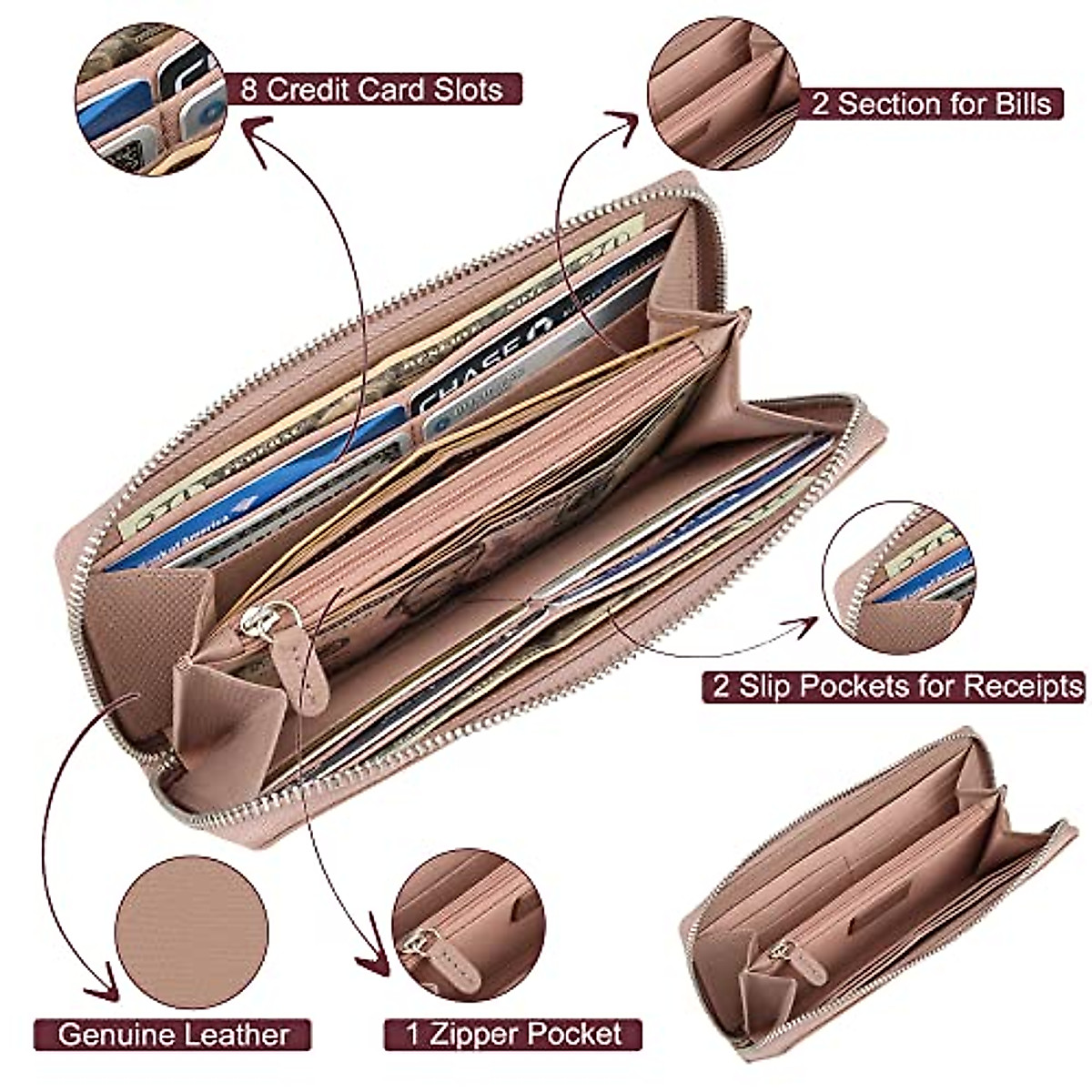 BOTANNER Genuine Leather Womens Zip Around Wallet RFID Blocking 8 Credit Card Slots 2 Bill Sections Zip Section for Coins 2 Slip pockets | Gift for Her (Pink)