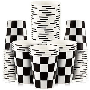 Checkered Cups 9 oz Checkered Paper Flag Race Car Party Cups Black and White Party Cups Bulk Disposable Beverage Cups for Race Car Checkered Themed Birthday Party(36 Pieces)