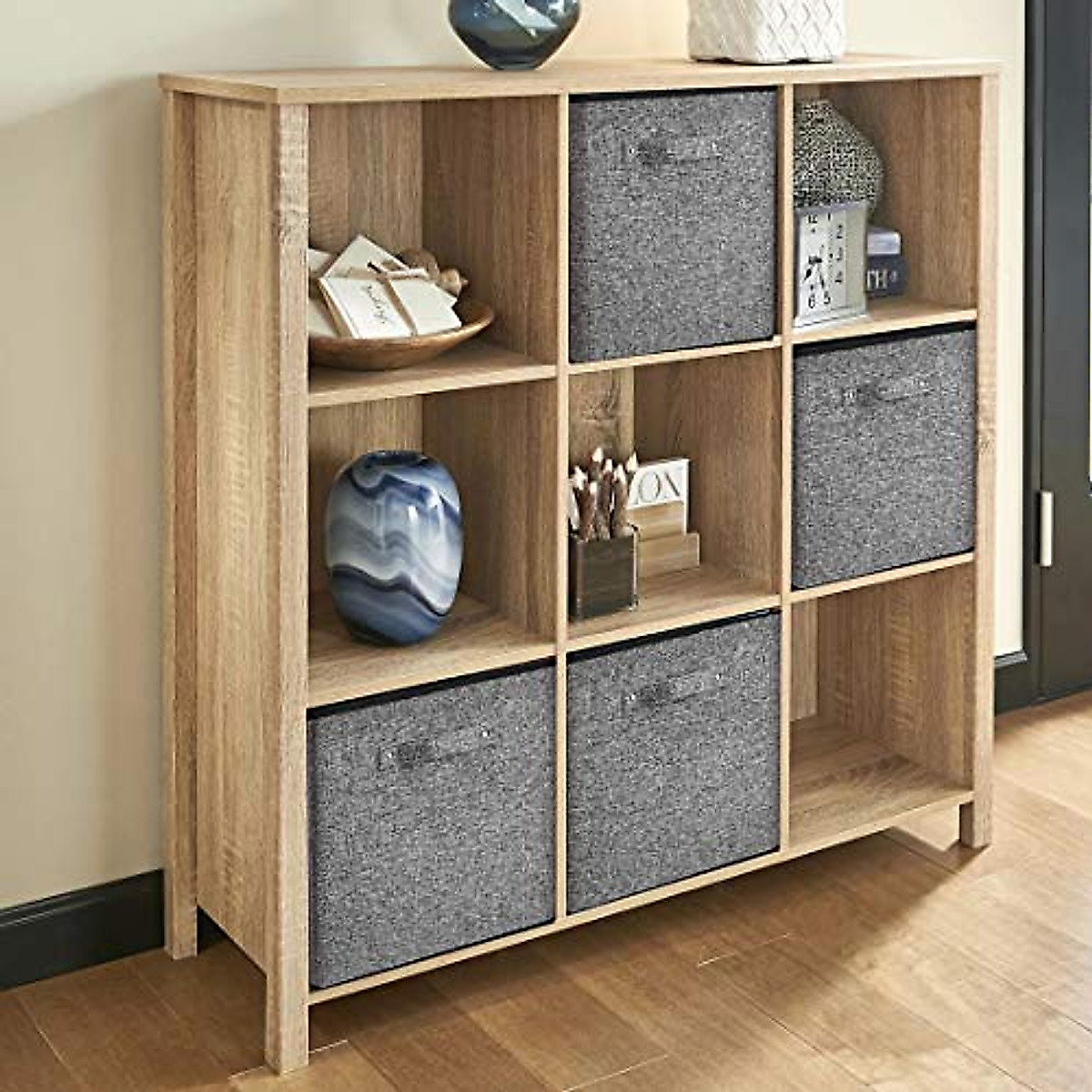 i BKGOO Foldable Fabric Storage Cube Bins with Cotton Rope Handle ,Set of 4 Collapsible Resistant Basket Box Organizer for Home Office Nursery and More – Gray 13x15x13 inch