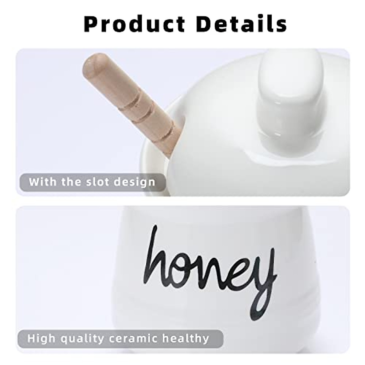 Honey Jar with Dipper and Lid, Ceramic Honey Pot 12oz, White