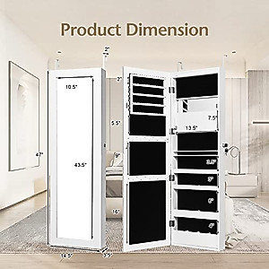 COSTWAY 12 LEDs Jewelry Cabinet, Wall/Door Mounted Jewelry Organizer Cabinet with 53.5” Full Length Mirror & Large Storage Capacity, Lockable Mirror Jewelry Armoire for Women Girls (White)