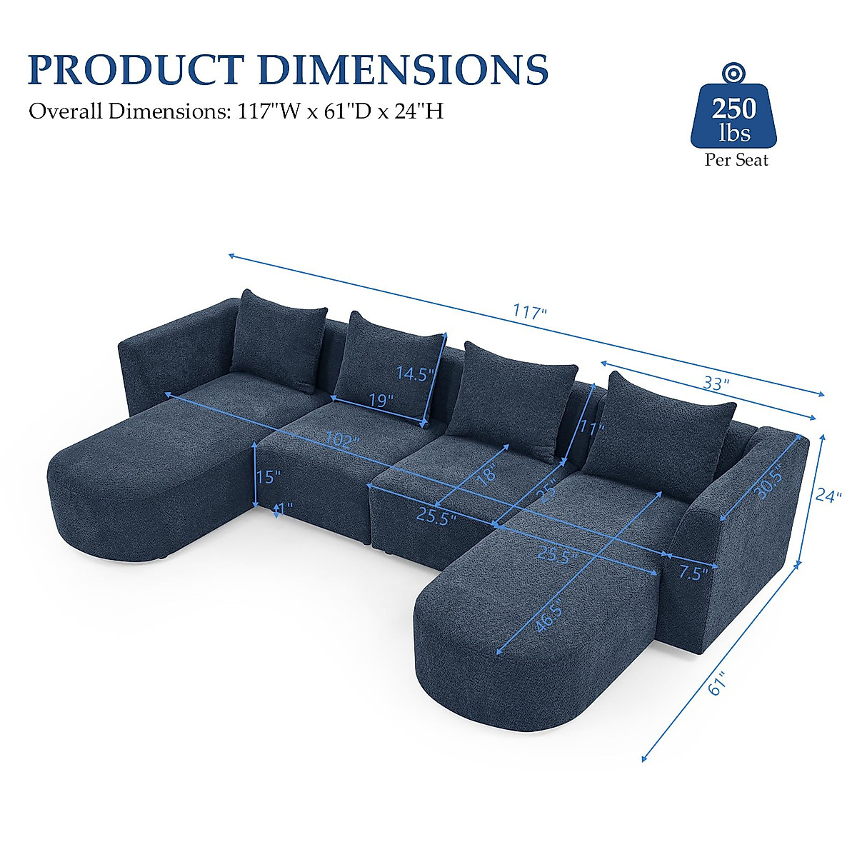 KIVENJAJA Modular Sectional Sofa, U-Shaped Couch with Double Chaise & Pillows, Modern Minimalist Boucle Fabric Large Comfy Cloud Sofas, Living Room Furniture Sets, 117 inch, Navy Blue