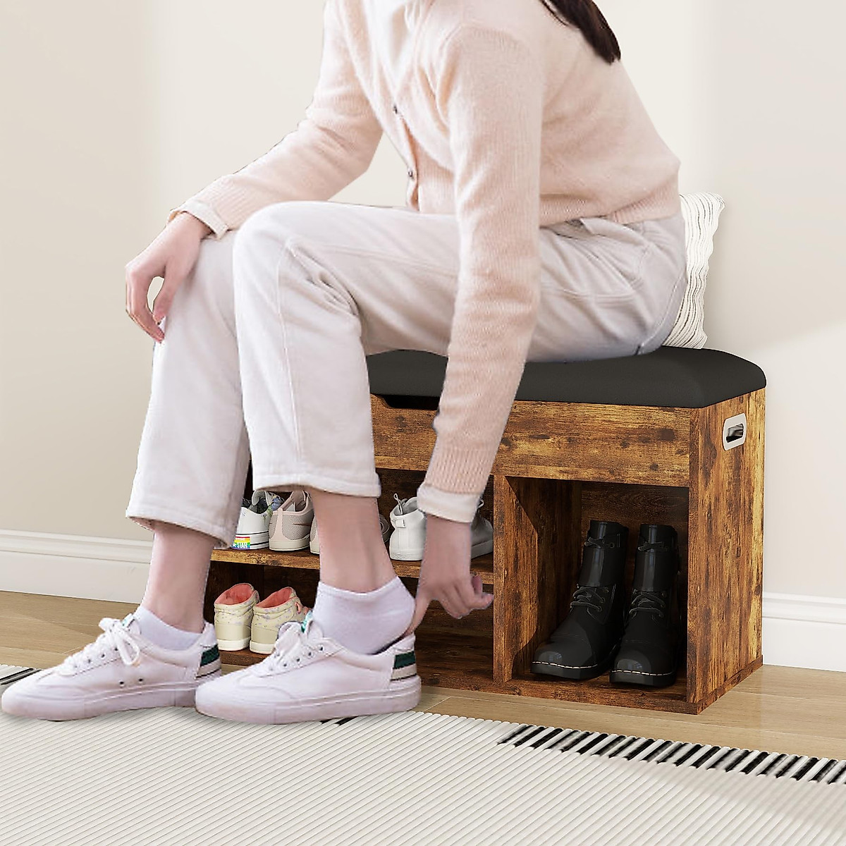 Wooden Shoe Storage Bench with Padded Cushion, 2-Tier Shoe Rack with Flip Top Storage Space Hidden Compartment for Entryway, Living Room (Wood)