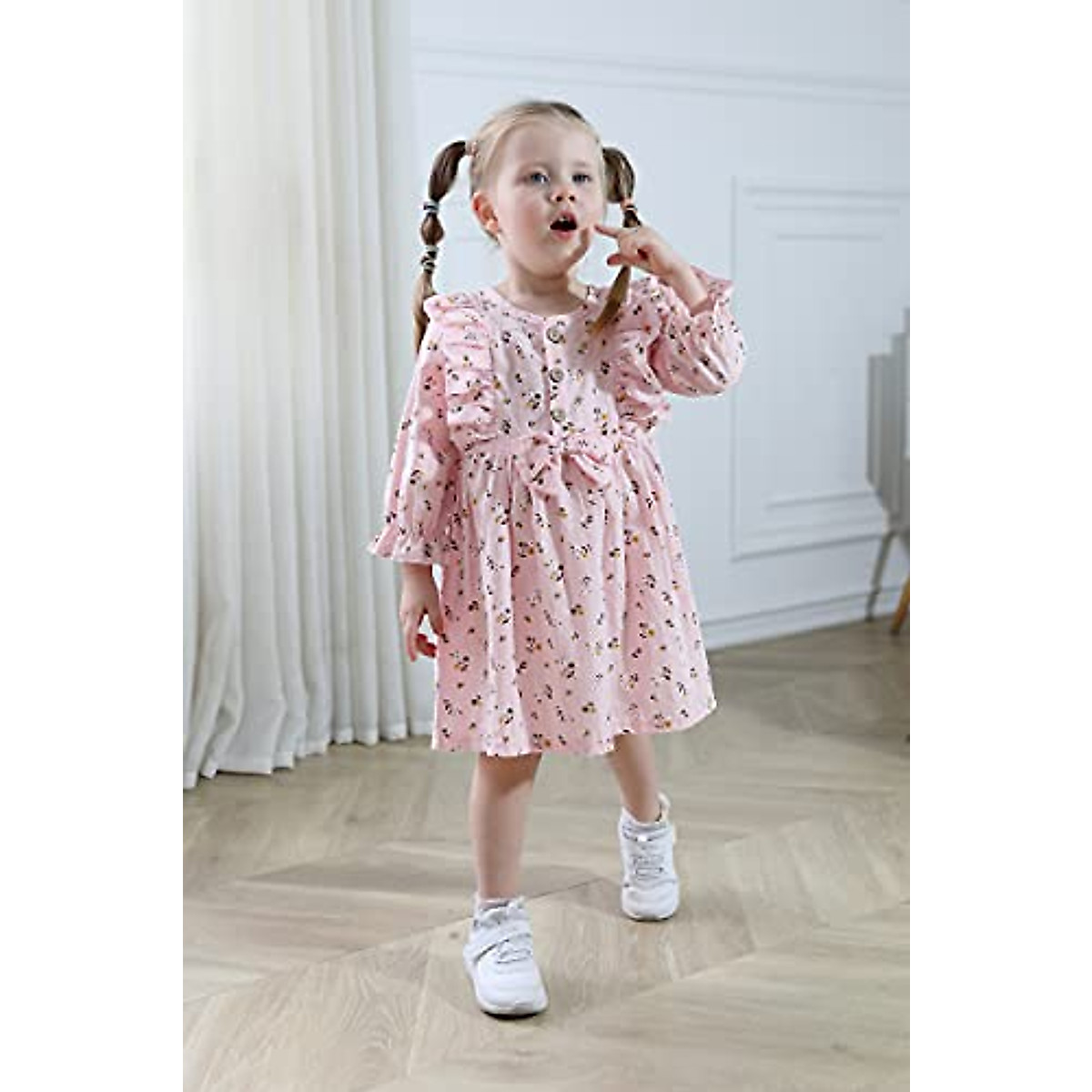 Toddler Girl Dress Fall Winter Clothing Kids Long Sleeve Ruffle Skirt Outfits Floral Dresses (Pink, 2-3T)