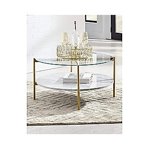 Signature Design by Ashley Wynora Contemporary Round Coffee Table with Glass & Faux Marble, White & Gold
