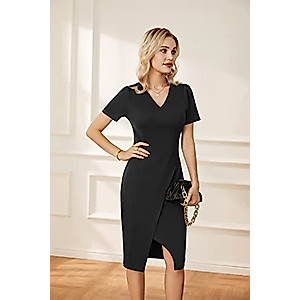 Women Pencil Dress Puff Short Sleeve Wrapped Slit V Neck Evening Night Sexy Dress Black L
