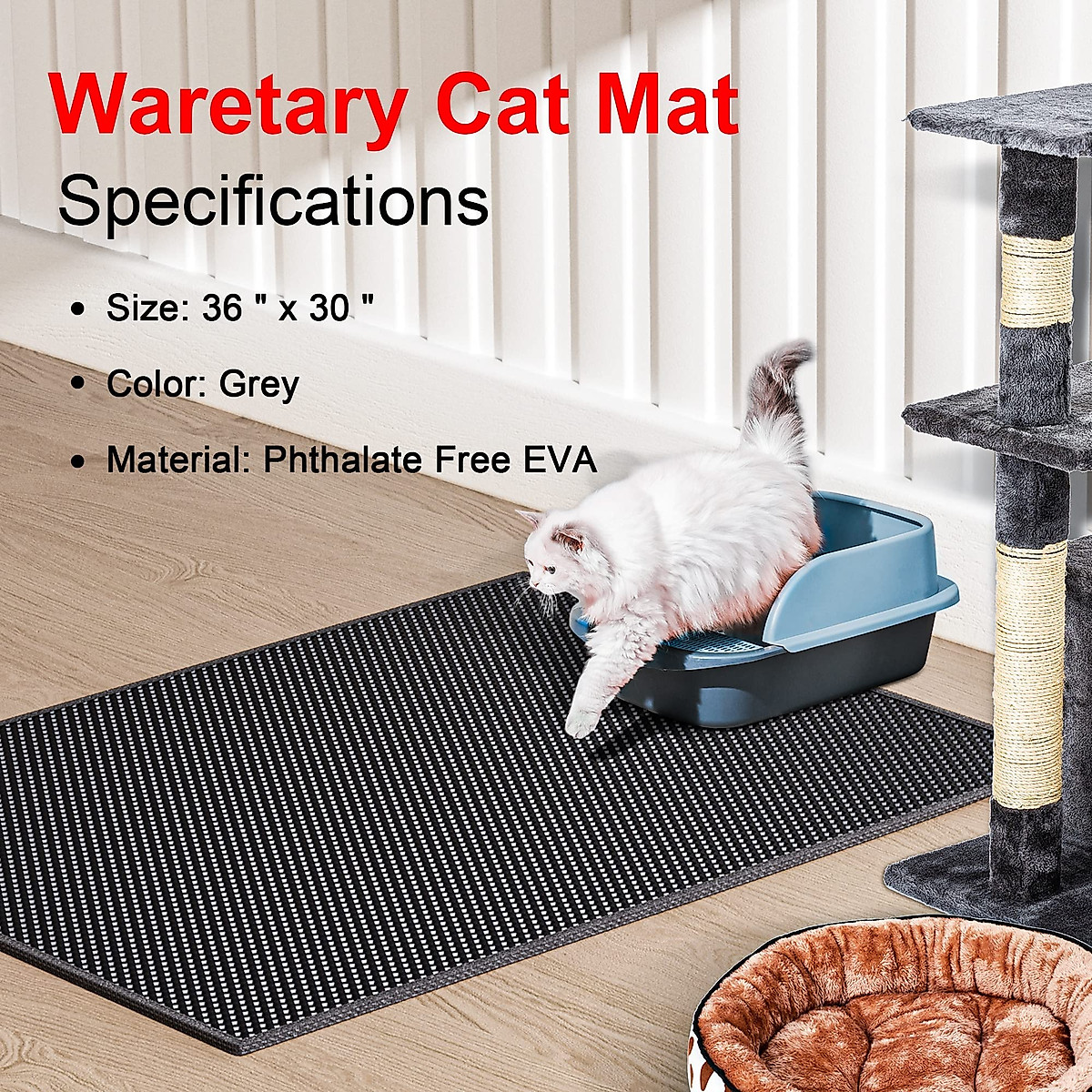 Waretary Cat Litter Box Mat: 36"x 30" Waterproof Kitty Cat Litter Trapping Mat, Easy-clean Double-layer Scatter Control Pad Rug (Black)