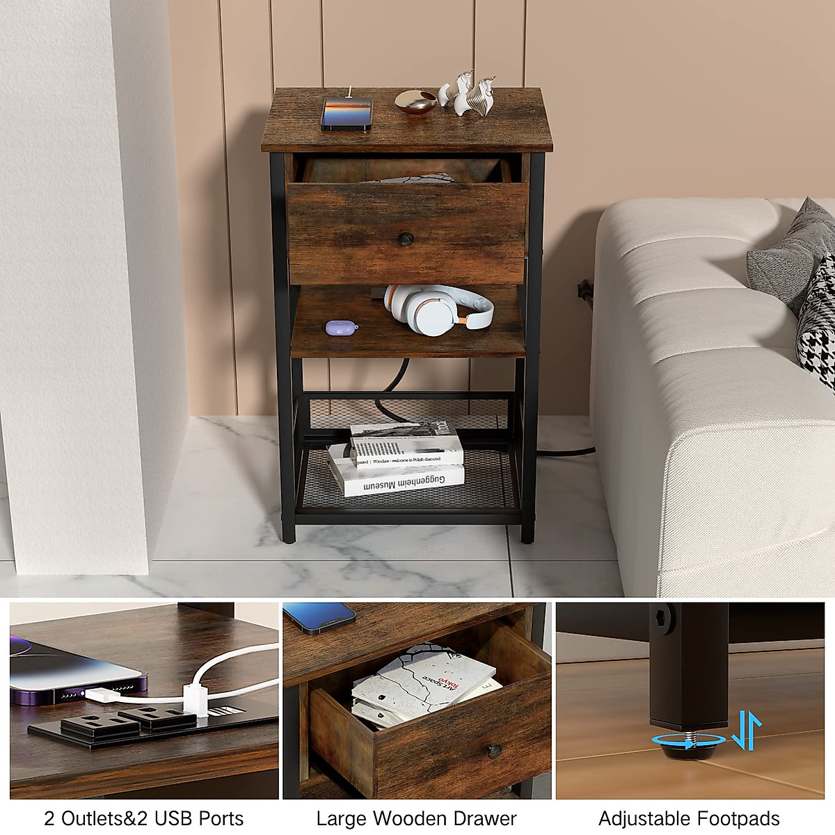 YAKANJ Modern Nightstand with Charging Station and Drawer,3-Tier Side Table End Table for Living Room,Bedroom,Narrow Sofa Table Bedside Table with Storage Shelf for Small Spaces-Brown