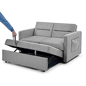 3 in 1 Convertible Loveseat Sofa with Pull-Out Sleeper&Adjsutable Backrest,Multi-Functional Folding Recliner Accent Futon Sofá Chair,Upholstered Lounge Chaise Couch Armchair for Living Room