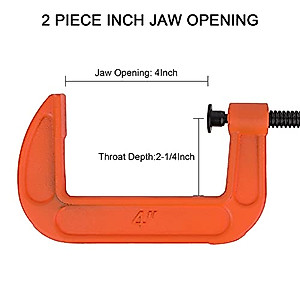 2 Pack 4 Inch C-Clamp Set, Heavy Duty G Clamps with 4-Inch Jaw Opening Sliding T-Bar Handle, Industrial Strength 4" C Clamps for Woodworking, Welding, Building