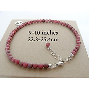 Peace charm anklet, dusty pink rhodonite stones sterling silver, adjustable length 9-10 inches, handmade by Let Loose Jewelry
