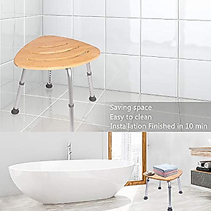 SUMGREEN Adjustable Bamboo Shower Seat, Waterproof Fanshaped Shower Stool for Elderly and Adults W/Slip-Resistant Rubber, 19.7" Lx 13.7" Wx （14"-20.7"） H (Wooden)